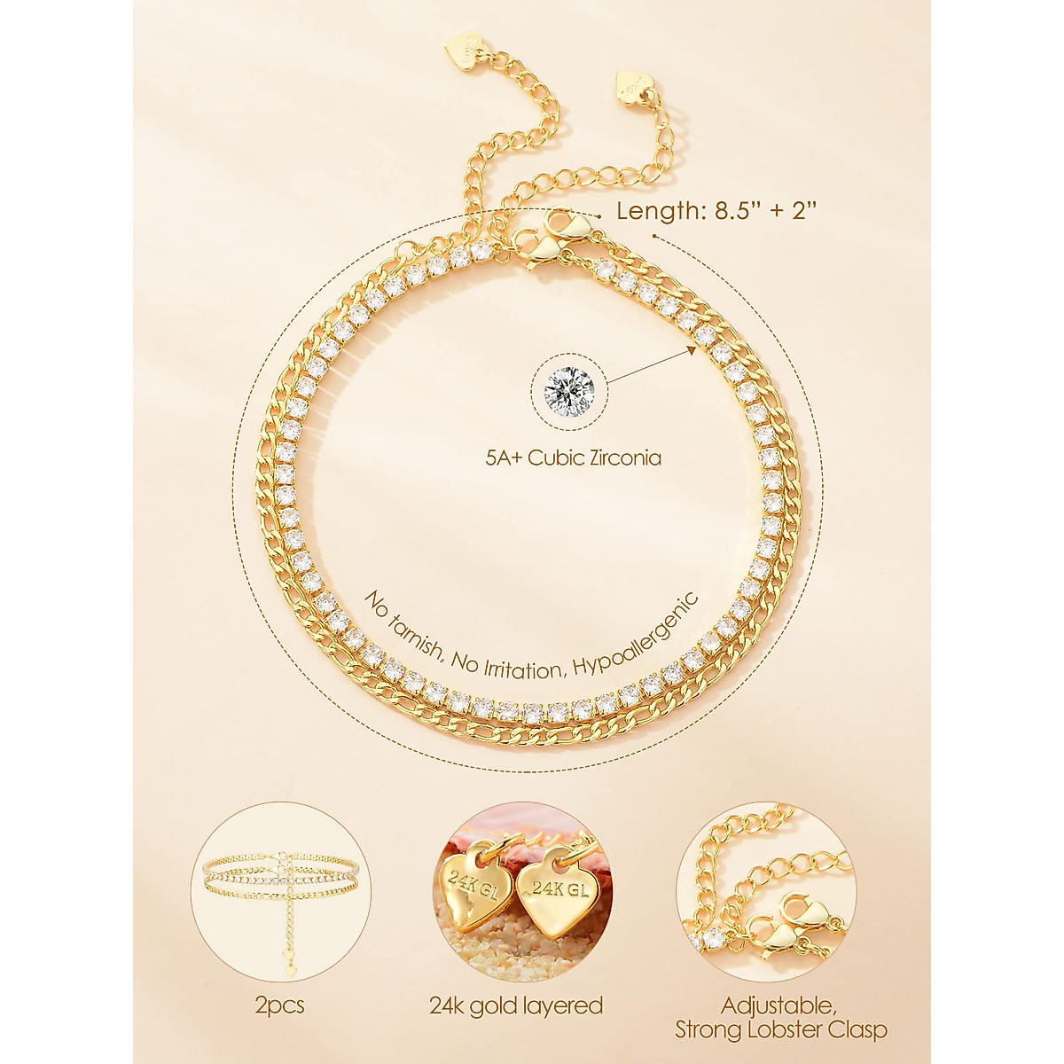 24K Gold Plated Ankle Bracelets for Women Layered Cubic Zirconia Tennis Ankle Bracelets for Women Beach Foot Jewelry Gifts