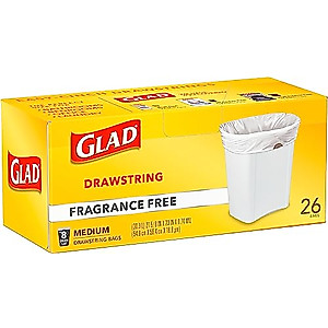 Glad Medium Drawstring Trash Bags, 8 Gallon, White, Fragrance Free, 26 Count, Pack May Vary