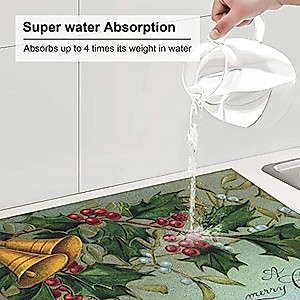 Happy New Year Xmas Tree Bell Printed Drying Mat For Kitchen Ultra Absorbent Microfiber Dishes Drainer Mats Non-Slip Silicone Quick Dry Pad - 18 X 16inch