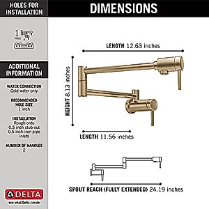 Delta Faucet Contemporary Brushed Gold Pot Filler Faucet, Delta Pot Filler Gold, Pot Filler Faucet Wall Mount, Potfiller, Brass Construction, Champagne Bronze 1165LF-CZ