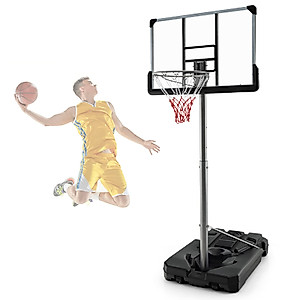 Goplus Portable Basketball Hoop Outdoor, 64’’-79’’ Poolside Basketball Goal Height Adjustable w/2 Wheels, Shatterproof Board, Fillable Base, Waterproof Basketball Stand for Kids Teenagers Youth