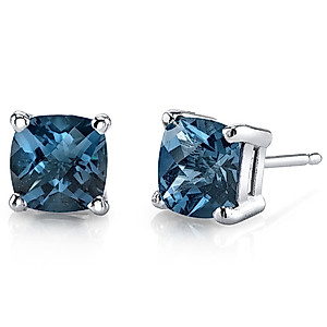 Peora 14K White Gold London Blue Topaz Earrings for Women, Genuine Gemstone Birthstone, Cushion Cut 6mm, 2.25 Carats total, Friction Back