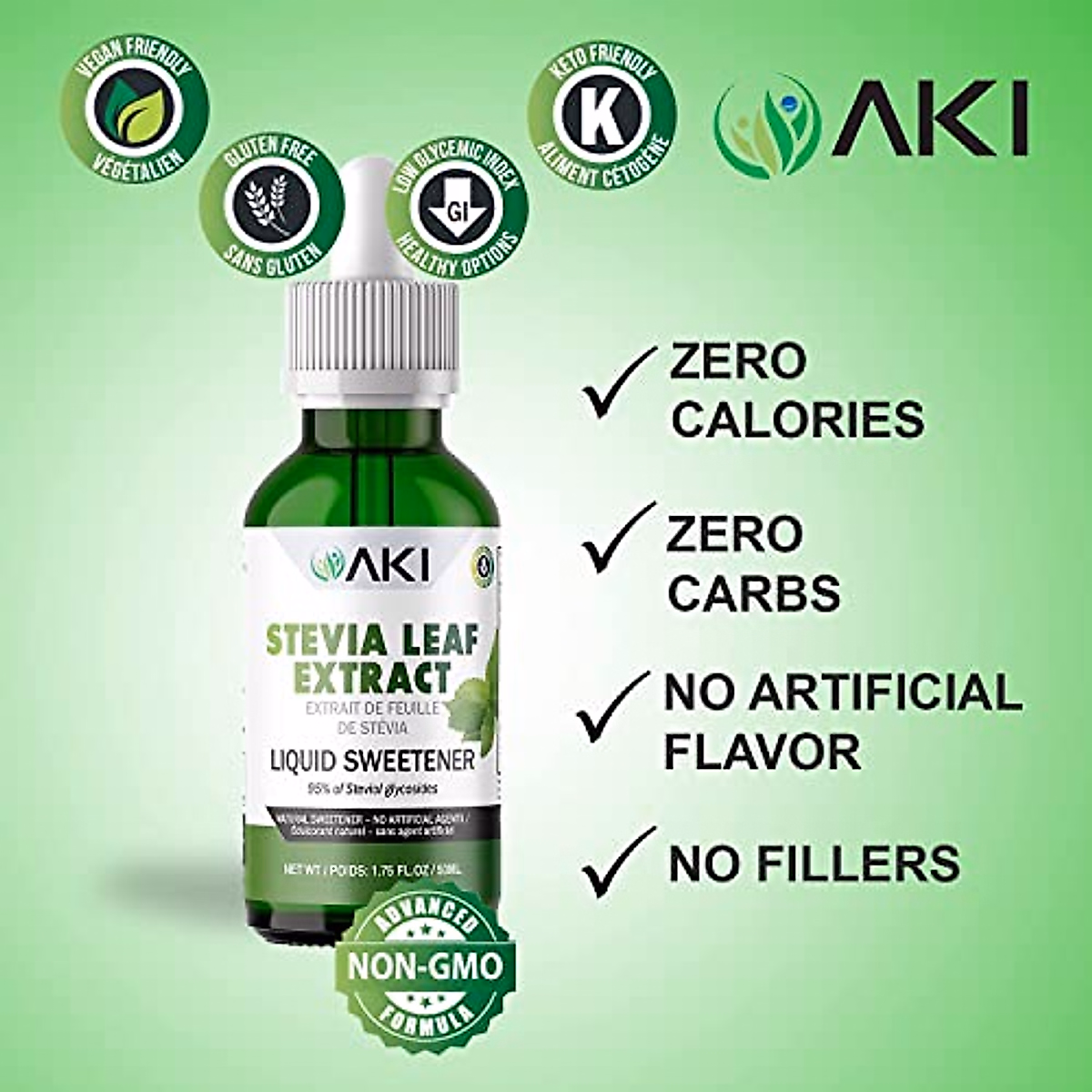 AKI Liquid Stevia Drops Sweetener (1.75 fl oz / 50 ml) Ideal for Coffee, Tea, Iced tea, Lemonade, Frostings, Smoothie, other Beverages or Yogurt | NON-GMO, Sugar-Free | Pack of 1