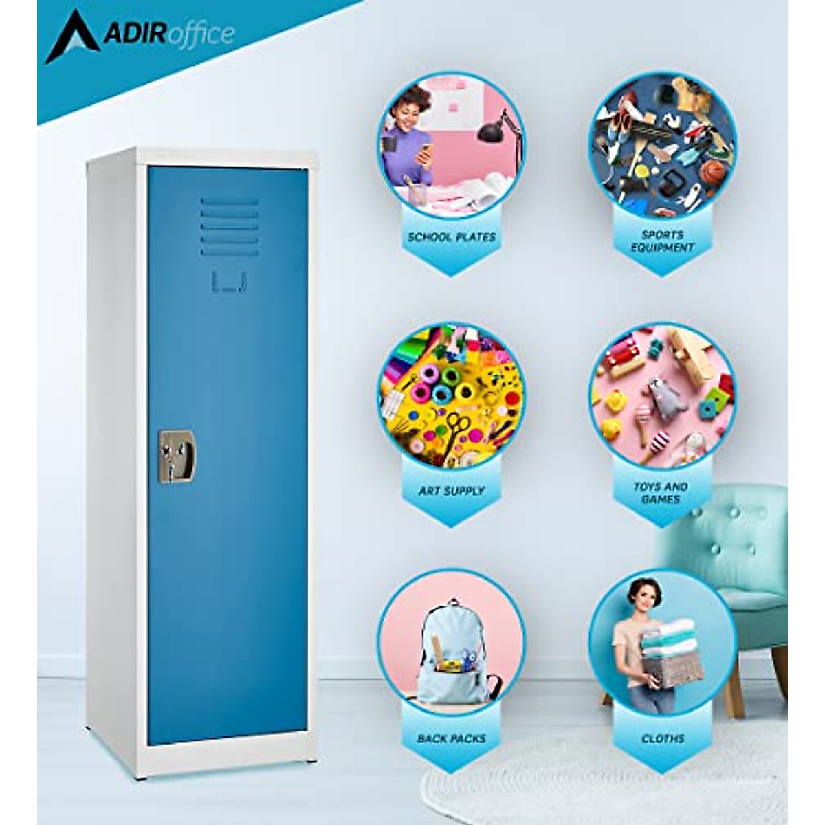 AdirOffice Kids Steel Metal Storage Locker - for Home & School - with Key & Hanging Rods (48 in 1 Door, Blue)