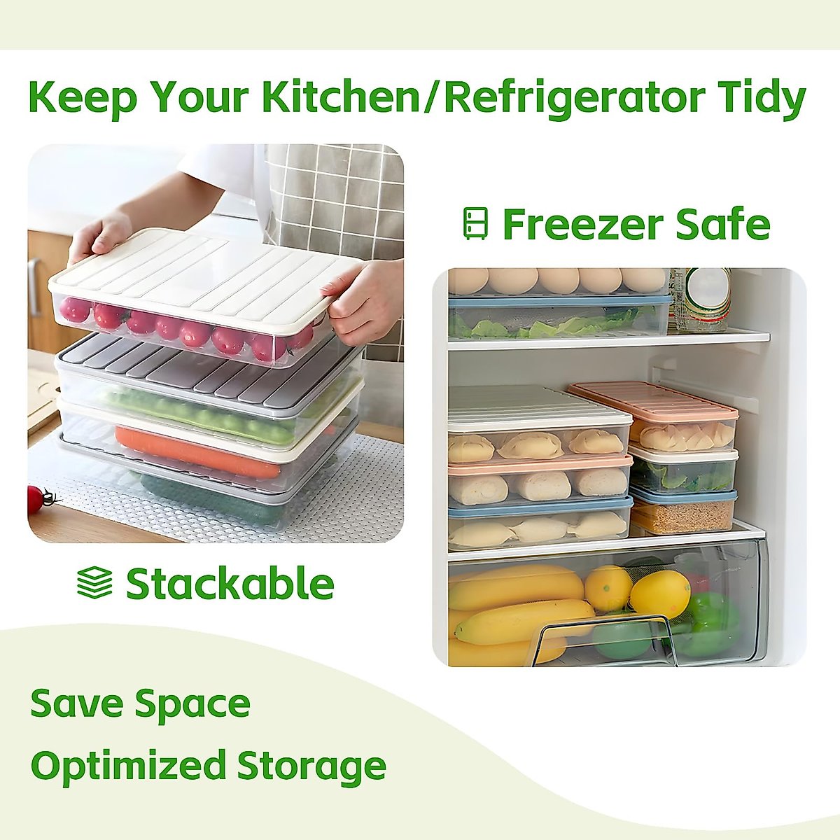 Food Storage Containers, Rectangle Food Storage Containers with Lids for Bacon, Deli meat, Lunchmeat, Vegetable, Noodles, Dumplings, and More, Crisper Bins for Refrigerator with Stackable and Visible