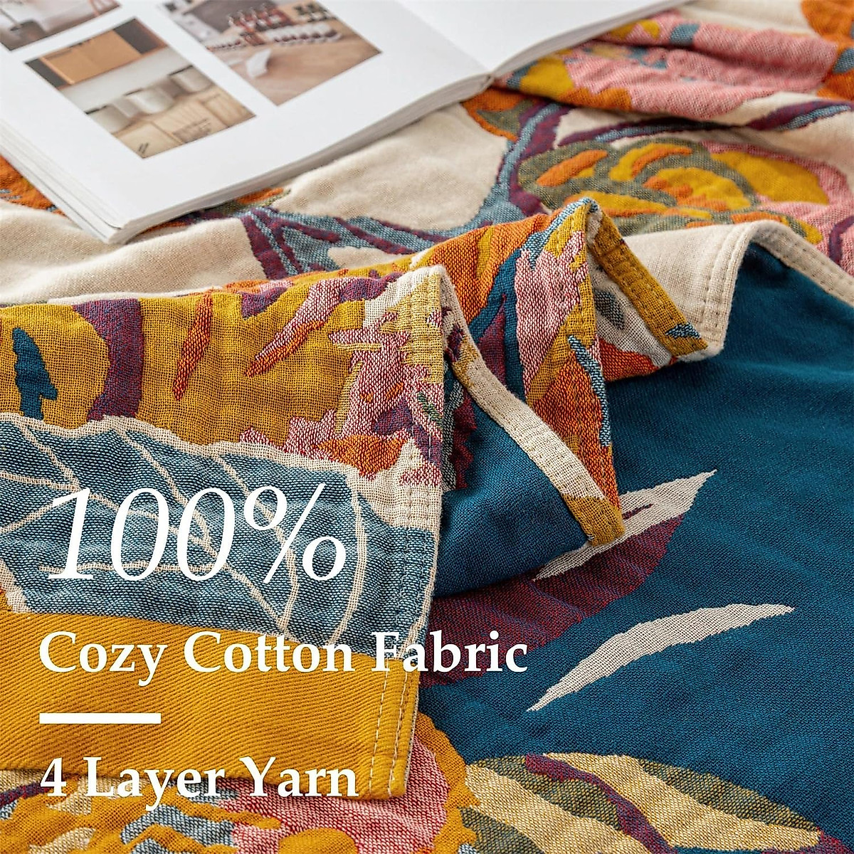 Boho Throw Blanket for Bed - 100% Cotton Ultra Soft Rustic Quilt - Floral Printed Farmhouse Decor Spring Bed Blankets,98"×98" All Season Rustic Throw for Sofa Couch Chair