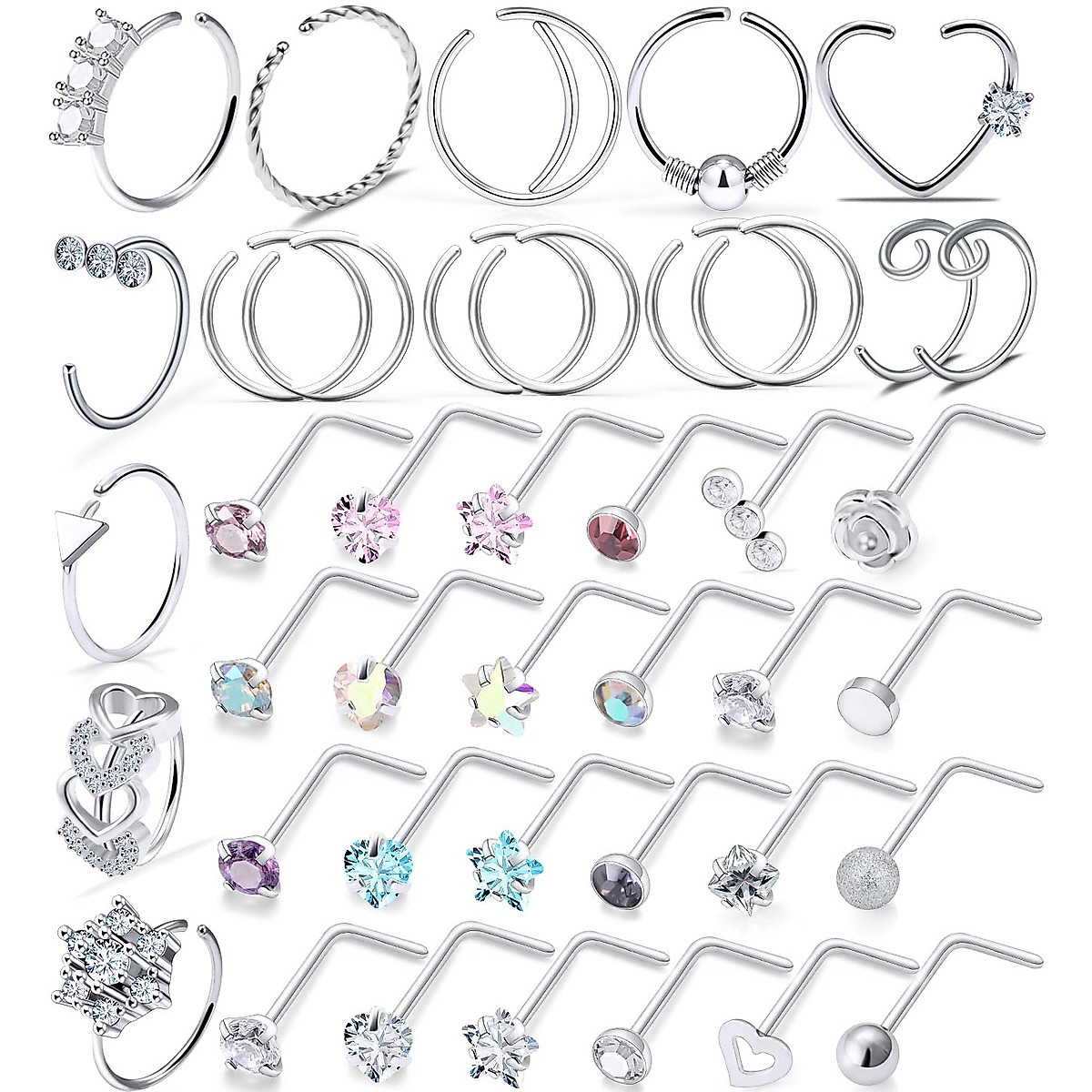 Kridzisw 18g Nose Ring Hoops Stud Piercing Jewelry for Women 316L Stainless Surgical Steel L Shaped Bend Silver Hypoallergenic Nose Nostril Ring Hoop Stud Bone Earrings Piercing Jewelry women Men 2mm