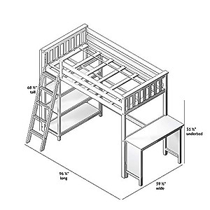 Max & Lily High Loft Bed, Twin Bed Frame for Kids With Bookcase and Desk, White