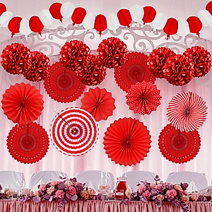 Recosis Red Party Decorations, Papar Fans Pompoms Fans Garlands for Birthday Bridal Baby Shower Wedding Graduation New Years Valentine's Day Party Decorations