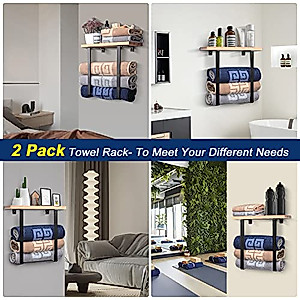 NearMoon Bathroom Towel Rack Wall Mounted, All Metal Bath Towel Holder with Wooden Shelf Rustproof Towel Storage Organizer for Hand Towels, Washcloths, Large Towels, 2 Pack (Matte Black)