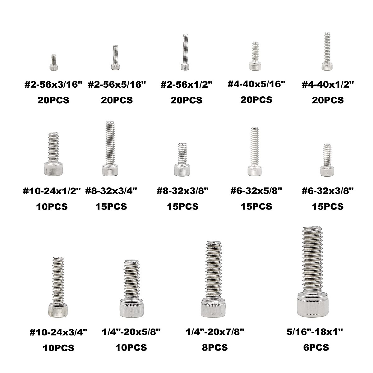 MCMASKE #2-56#4-40#6-32#8-32#10-24 1/4"-20 5/16"-18 UNC 304 Stainless Steel Socket Head Cap Screws Assortment Kit