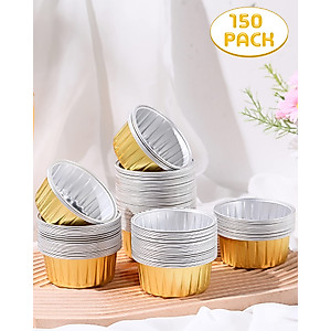 150 Pcs Patelai Aluminum Foil Cups 4.2 oz Mini Baking Cups Gold Cupcake Liners Disposable Ramekins Foil Muffin Pans for Pie Souffle Pudding Holder Wedding Birthday Party (Round)