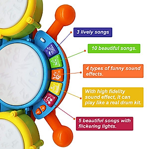 Drum Set for Kids with 2 Drum Sticks and Microphone, Musical Toys Gift for Toddlers… (Green)