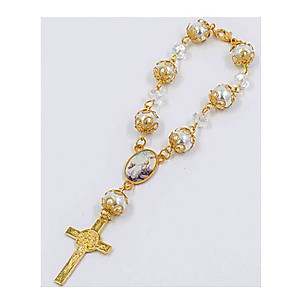 RBN 12 PCS Rosary Beads Beaded White Pearl Gold Catholic Christian Crucifix Cross Pearl Bracelet Baptism Favors Recuerdos De Bautizo Communion Car (Gold)
