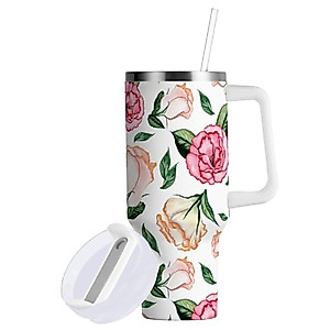 Adornlife Flower Pink Rose 30 oz Tumbler with Handle and Straw Lid, 100% Leak-proof Travel Coffee Mug, Stainless Steel Insulated Cup For Beverages, Cupholder Friendly