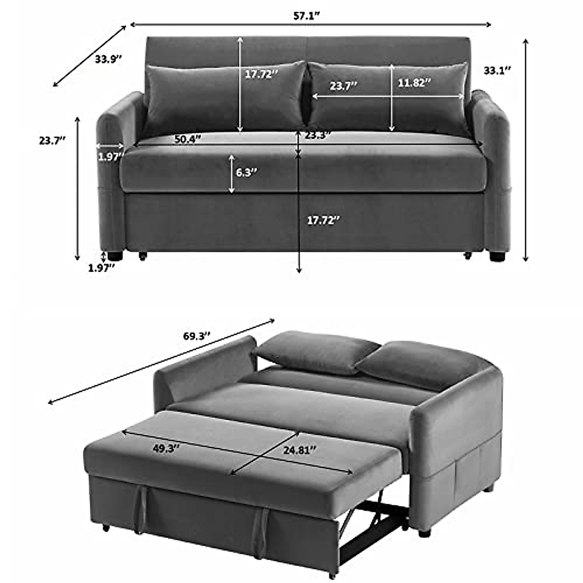 Gynsseh Loveseat Couch Pull Out Bed, 3 in 1 Convertible Sleeper Sofa Bed with Pillows and Storage Pocket, Soft Velvet Love Seat Lounge Sofa Bed Couch for Living Room, Gray
