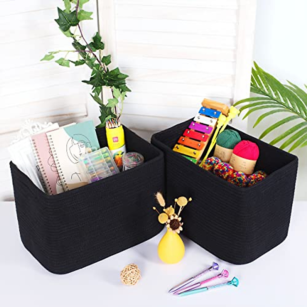 MINTWOOD Design Storage Basket for Shelves, Playroom and Classroom Storage Basket, Book Basket, Decorative Storage Cube Bin, Woven Closet Organizer, Baby Nursery Basket, Full Black