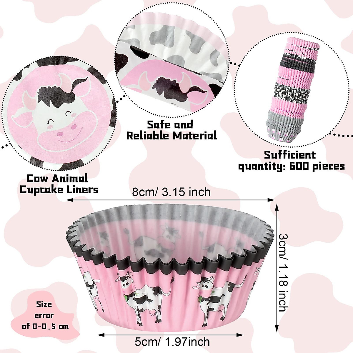 600 Pieces Cow Print Cupcake Liners Cow Animal Paper Muffin Cupcake Wrappers Baking Cups Cases Holders for Wedding, Farm themed Birthday, Party, Baby Shower Boy Girl