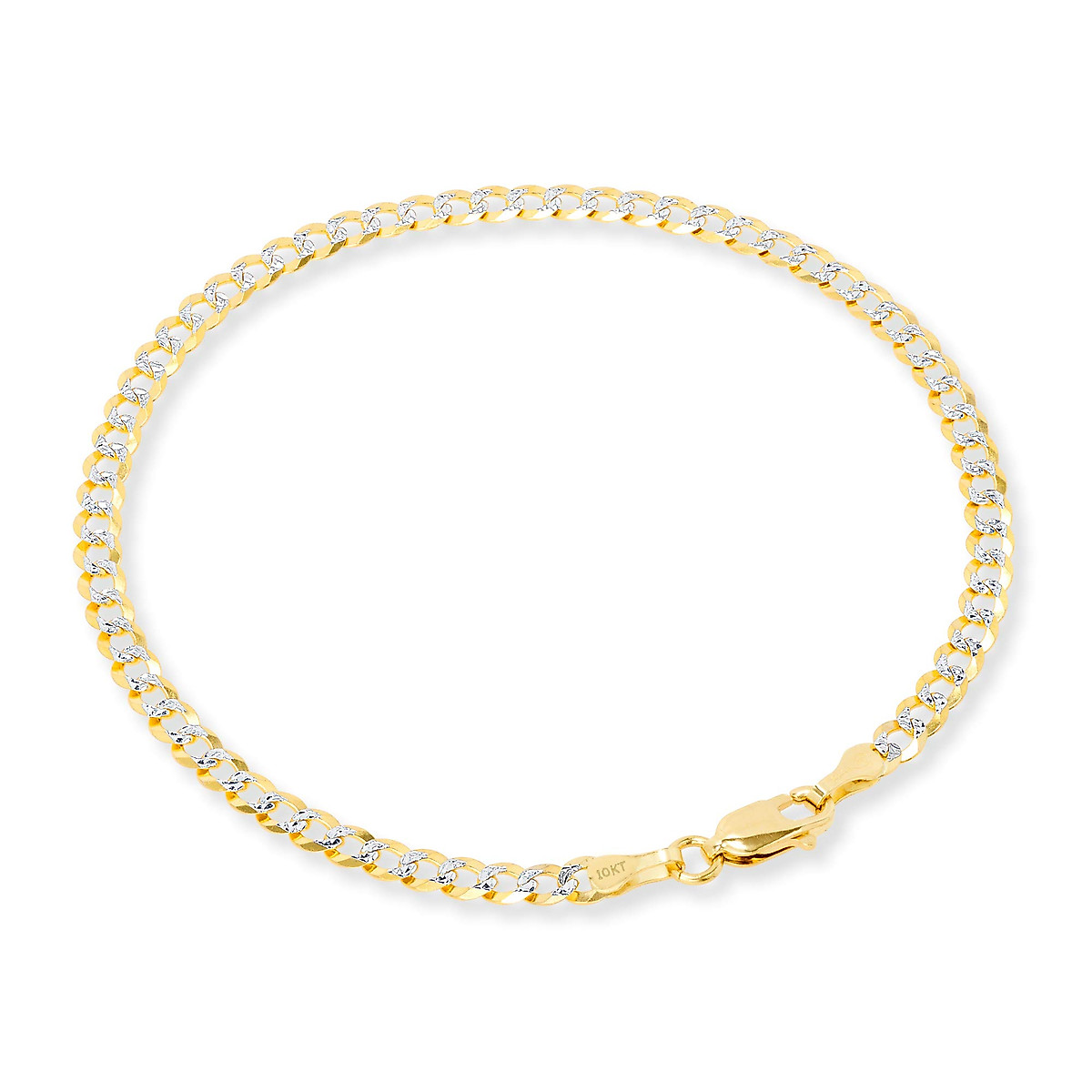 Nuragold 10k Yellow Gold Solid 4mm Cuban Chain Curb Link Diamond Cut Pave Two Tone Bracelet, Womens Mens Jewelry 7" 7.5" 8" 8.5" 9"