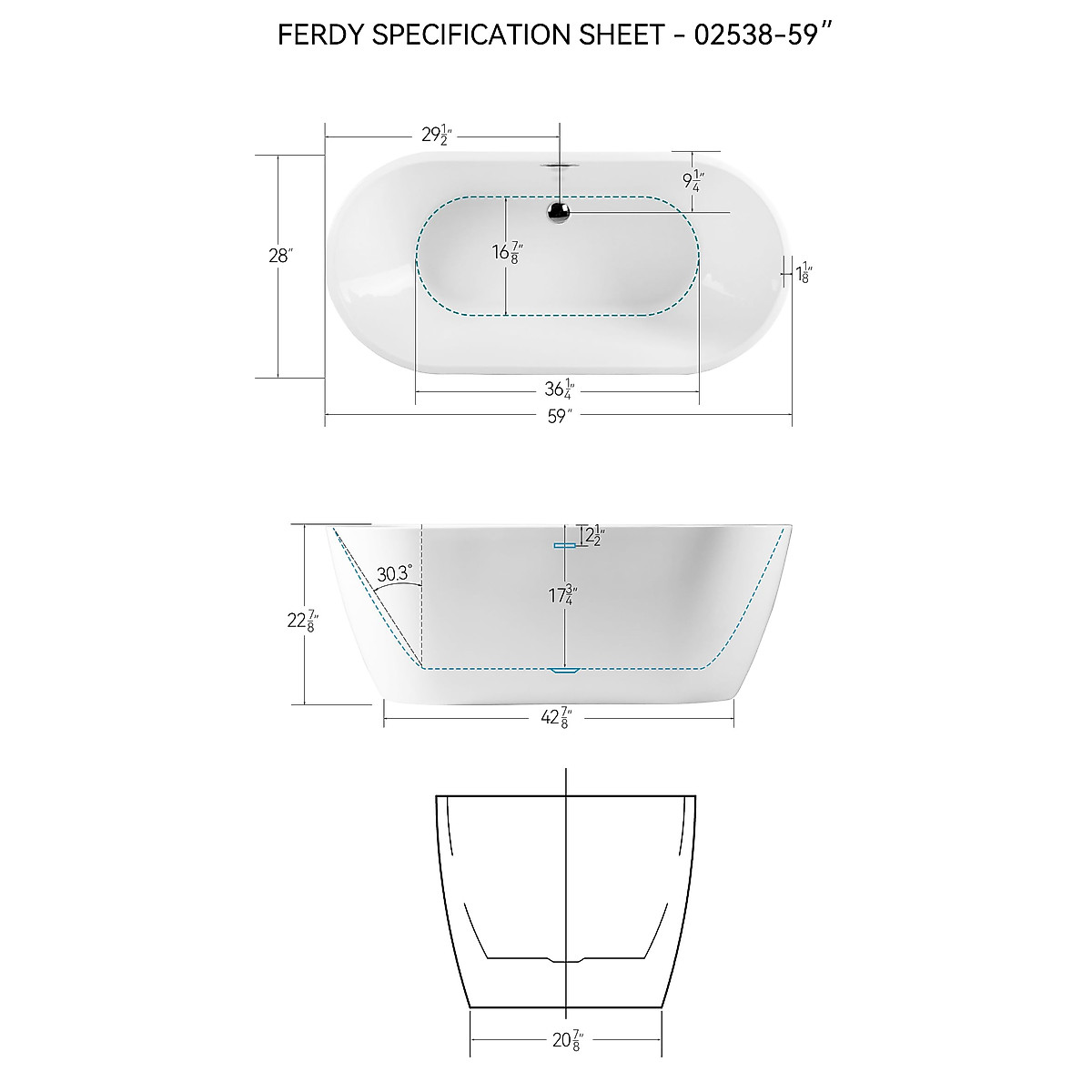 FerdY Bali 59" Acrylic Freestanding Bathtub, Gracefully Shaped Freestanding Soaking Bathtub, Toe-Tap Chrome Drain and Classic Slotted Overflow Included, Glossy White, cUPC Certified