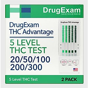 2 Pack - DrugExam THC Advantage Made in USA Multi Level Marijuana Home Urine Test Kit. Highly Sensitive THC 5 Level Drug Test Kit. Detects at 20 ng/mL, 50 ng/mL, 100 ng/mL, 200 ng/mL and 300 ng/mL (2)