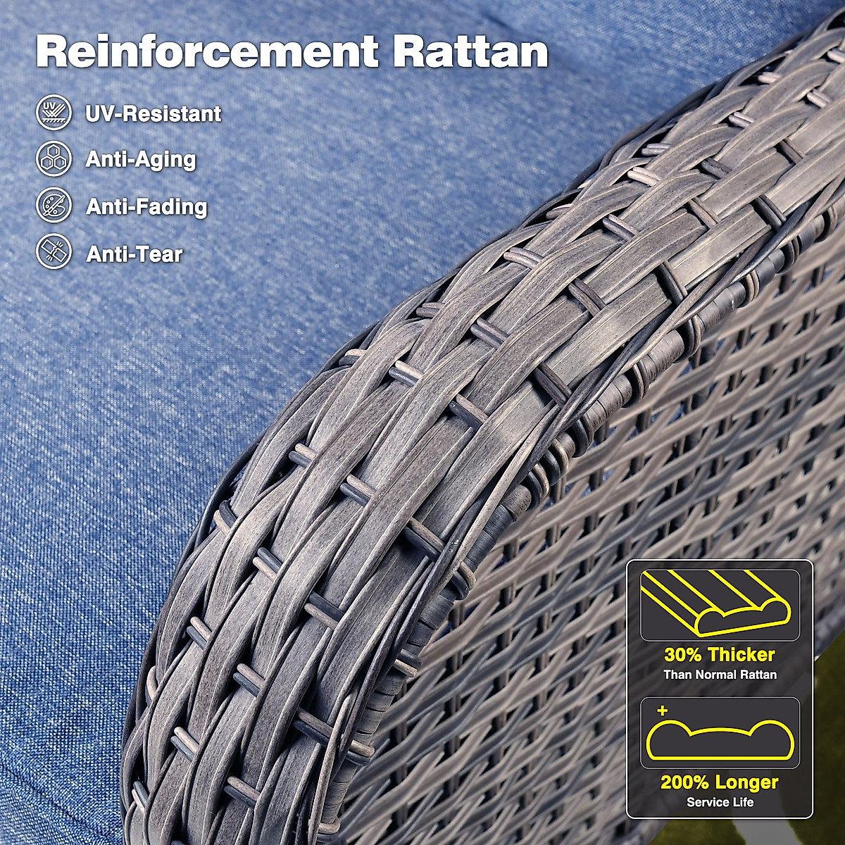 ovios 3 Pieces Patio Swivel Chairs with Side Table, Outdoor Wicker Rocking Chairs with Comfy Cushions, High Back Glider Rocker Chair Set for Porch Deck, Grey Rattan/Denim Blue