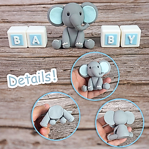 Elephant Cake Decoration Mini Elephant Cake Topper Blue BABY Letter Cake Toppers Gold Blue White Pearl Ball for Baby Shower Boy Elephant Theme Birthday Party Supplies (BLUE)