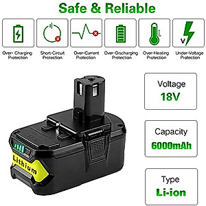 2Pack 6.0Ah 18V Li-ion Battery & Charger Compatible with Ryobi 18-Volt ONE Plus P108 P107 P102 P103 P104 P117 Charging Station Starter Kit