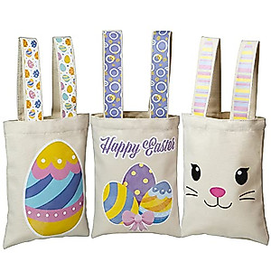 JOYIN Easter Reusable Canvas Gift Bags with Handles, 10”x 8” Large Bunny Easter Gift Treat Candy Bags Bulk Easter Basket for Kids Easter Party Favors and Easter Egg Hunt