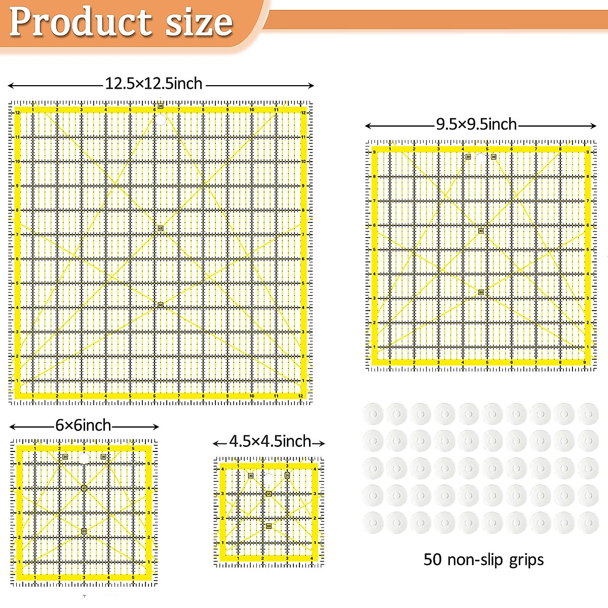 VPVPV 4 Piece Quilting Ruler,Acrylic Square Ruler,Quilting Templates,with Non Slip Rings 25 Pieces（4.5“X4.5”、6“X6”、9.5“X9.5”、12.5“X12.5”） (Yellow)