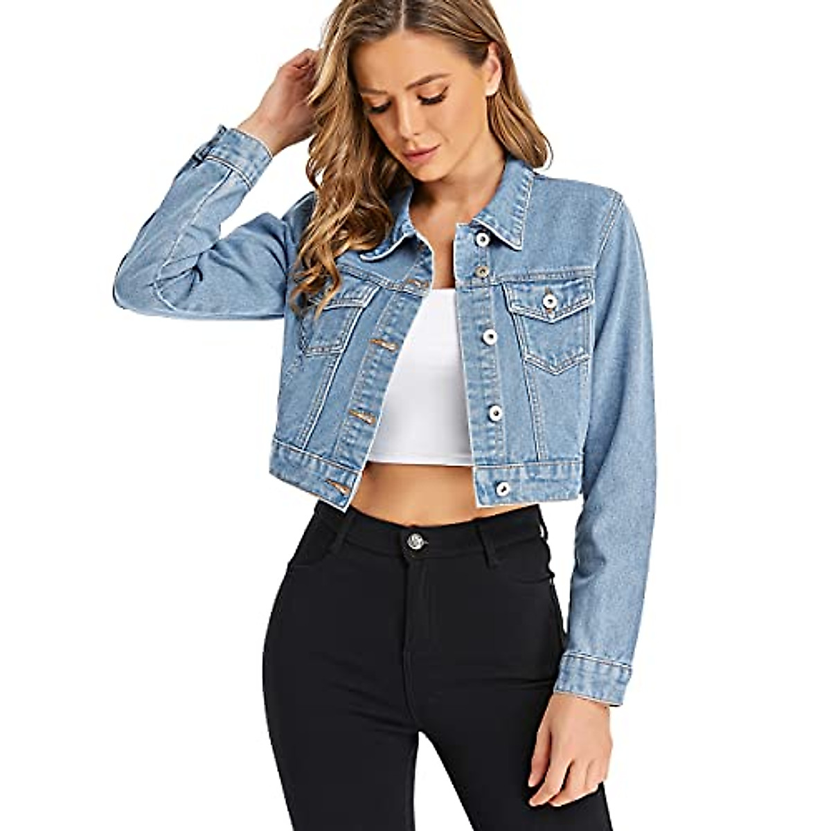 PEIQI Women’s Cropped Jean Denim Jacket Button Down Long Sleeve with Pockets Light Blue Medium