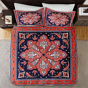 Duvet Cover Queen Size, Paisley Mandala Floral Vintage Bedding Set with Zipper Closure for Kids and Adults, Woman Red Bohemian Comforter Cover with 2 Pillow Shams for Bedroom Bed Decor