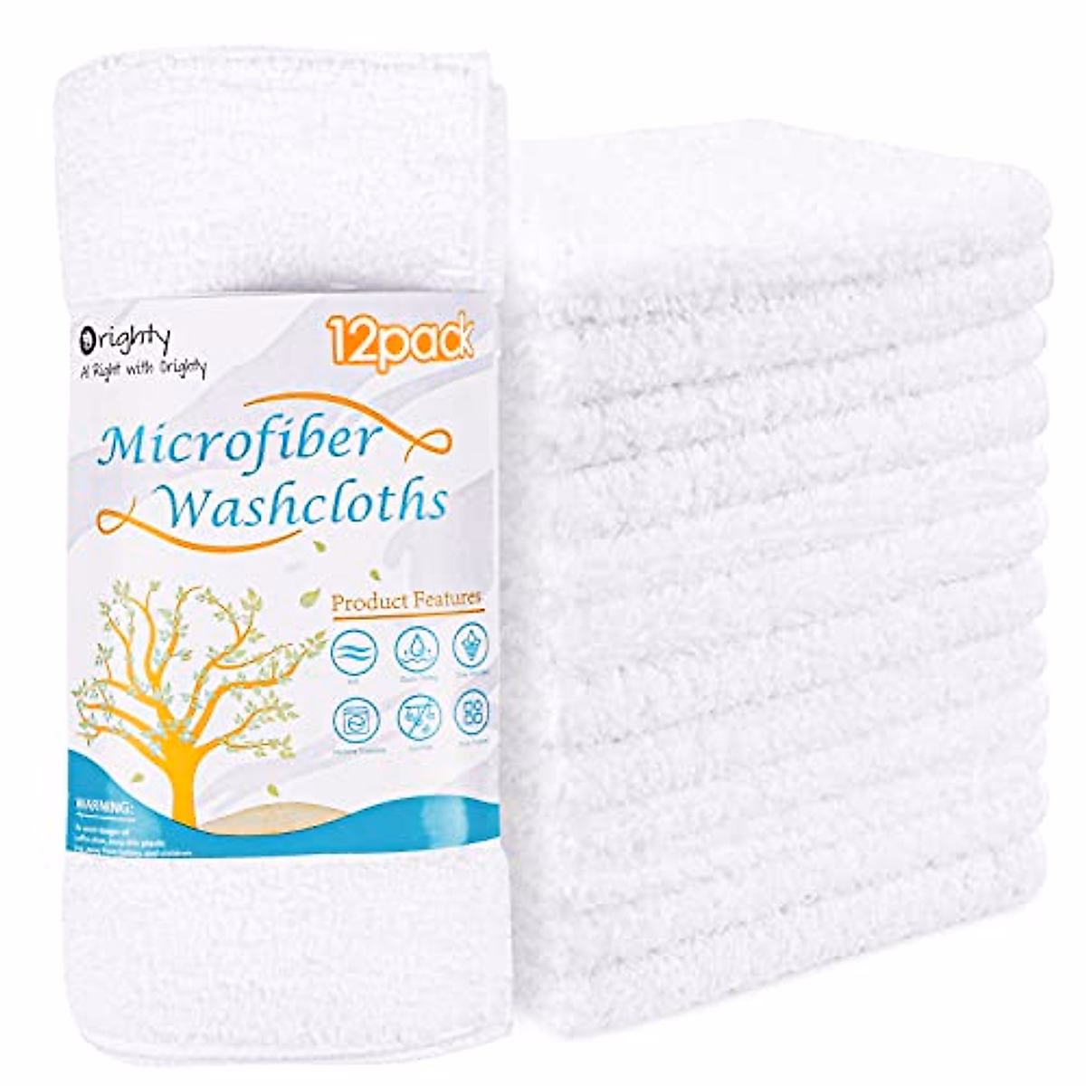 Orighty Microfiber Washcloths Towel Set 12 Pack, Highly Absorbent and Soft Feel Fingertip Towels, Multi-Purpose Wash Cloths for Bathroom, Hotel, Spa, and Gym, 12x12 Inch