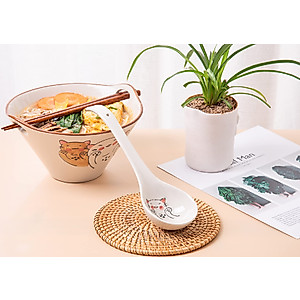LLDAYU large Ceramic Japanese Ramen Noodle Soup Bowl, 27 Ounce Deep Bowl, with Matching Spoon and Chopsticks for Udon Soba Pho Asian Noodles.Dishwasher & Microwave Safe(Lucky Cat)