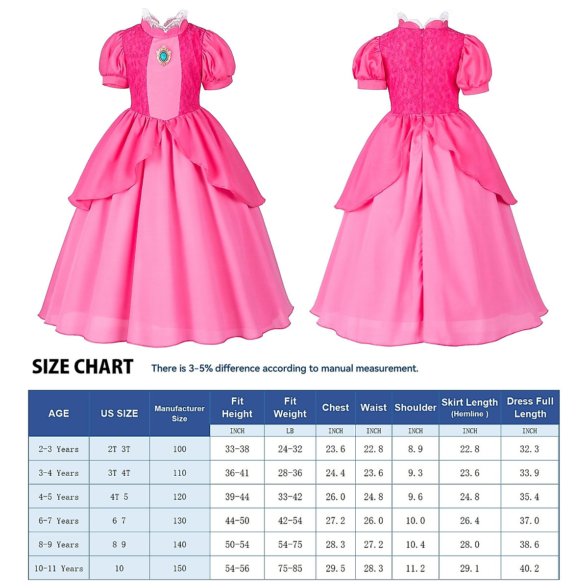 Pink Princess Dress for Girls, Kids Princess costume with Crown Gloves Wand Earrings 8-9 Years
