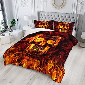 AILONEN Sugar Skull Comforter Set Twin Size,Red and Black Fire Skull Bedding Set,Romantic Red Rose Gothic Skeleton Comforter with 2 Pillowcases,3-Piece