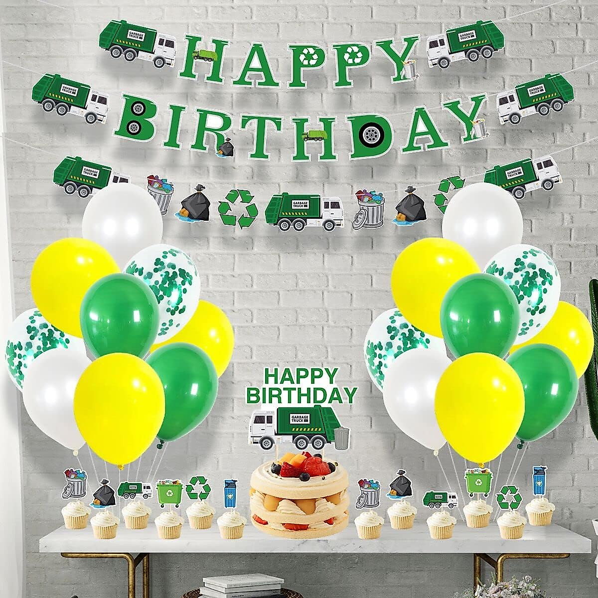 Dulousia Garbage Truck Party Supplies - Trash Truck Happy Birthday Banner, Garbage Truck Themed Balloons, Cup Cake Toppers for Waste Management Recycling Party
