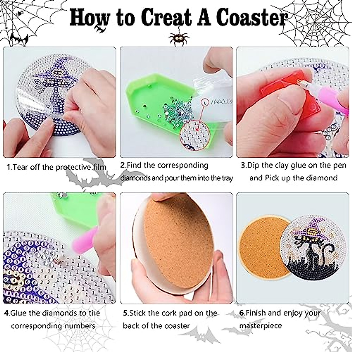 8 Pcs Halloween Diamond Painting Coasters for Drinks, DIY Diamond Painting Kits with Holder Cork Pad, Diamond Art Coasters for Beginners Kids Adults Halloween Spooky Party Art Craft Supplies