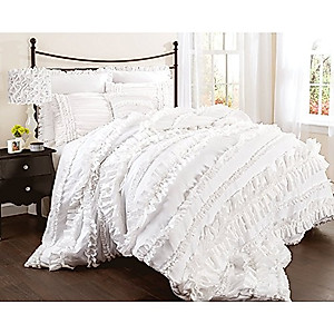 Lush Decor Belle 3 Piece Ruffled Vintage Chic White Comforter Set with Bed Skirt and Pillow Sham, Twin XL