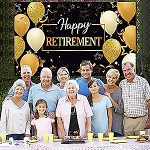 Happy Retirement Party Decorations, Extra Large Fabric Black and Gold Happy Retirement Sign Banner Photo Booth Backdrop Background with Rope for Retirement Party Favor, 70.8 x 43.3 Inch