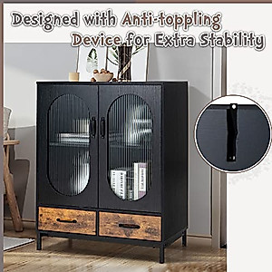 LOKO Buffet Cabinet with Storage, Kitchen Sideboard Cabinet with Tempered Glass Doors and Drawers, Industrial Style Cupboard Credenza Storage Cabinet, 31.5 x 16 x 39.5 inches