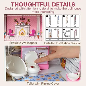 ROBUD Wooden Dollhouse Playset, 3 Stories, 5 Rooms, 24 PCS Furniture, Pretend Play Toys Gift for Kids Toddlers Girls