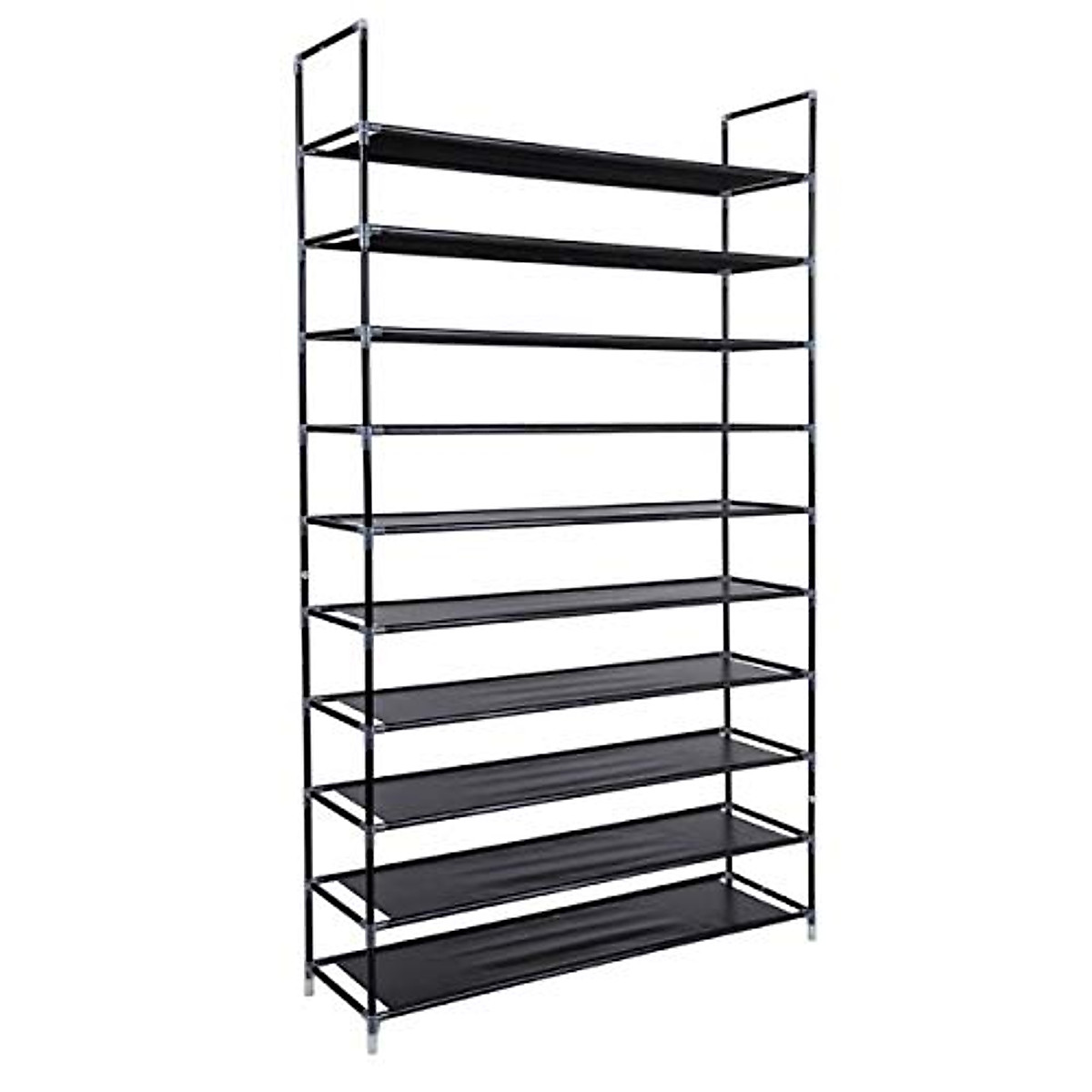 SoSo-BanTian1989 Black 10 Tiers Metal Tube Free Standing Shoe Rack, 50 Pairs Expandable Divisible Non-Woven Fabric Shoe Storage Organizer Cabinet Tower Shelf