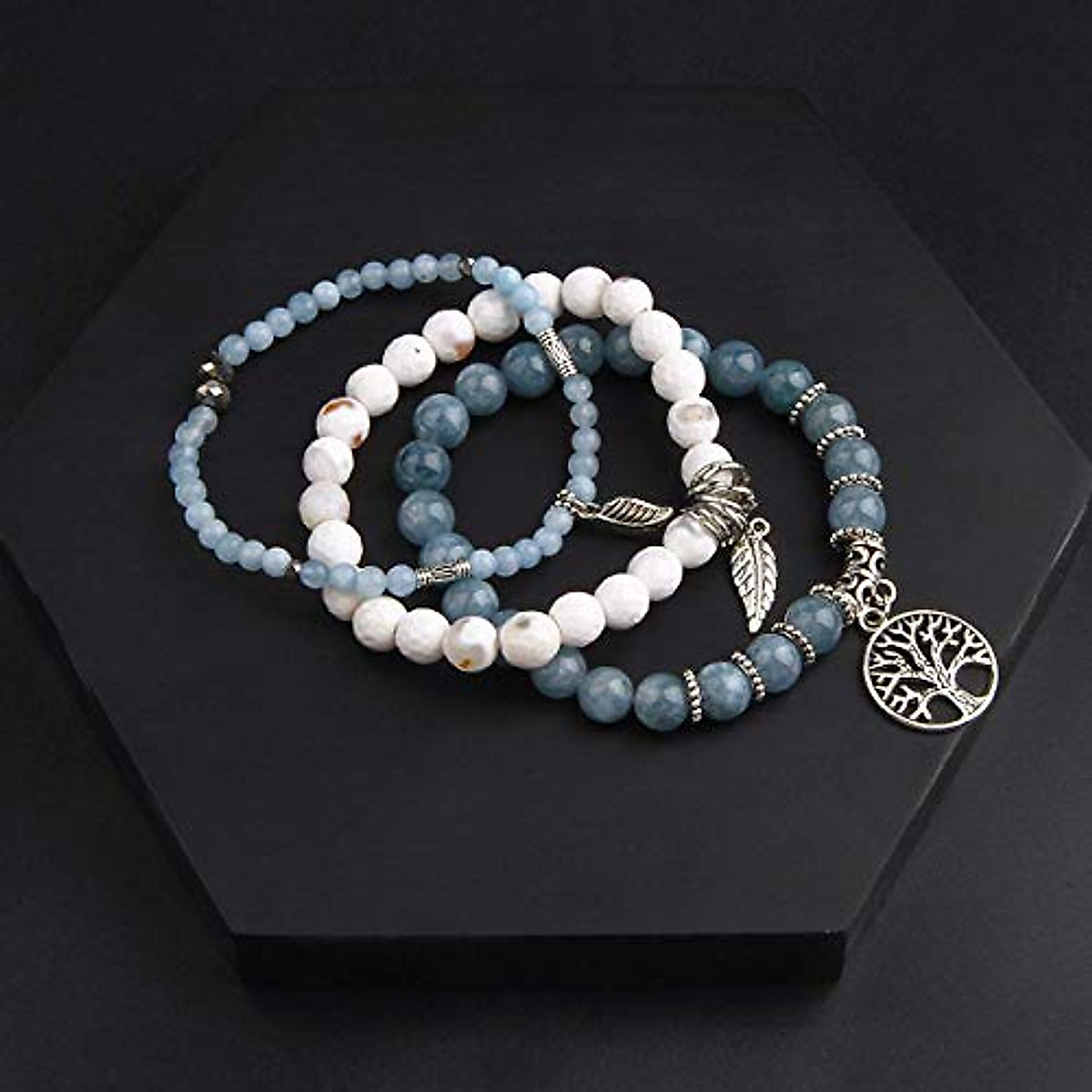 Tree of Life Turquoise Jasper & Tibetan Agate Gemstone Chakra Beaded Bracelet | Beach Charm Bracelet Set - Ocean Jewelry…