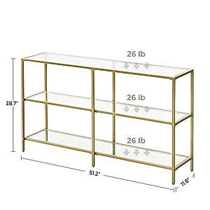 VASAGLE 51.2 Inch Console Sofa Table with 3 Shelves, Metal Frame, Tempered Glass Shelf, Modern Style, for Entryway Living Room Bedroom, Gold Color ULGT024A01