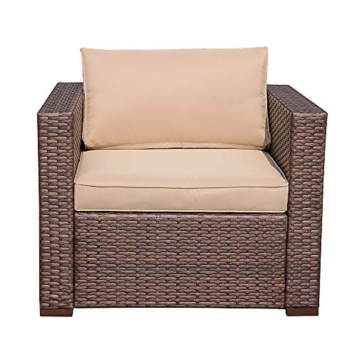 Super Patio Outdoor Chair, PE Wicker Rattan Patio Chair, All Weather Outdoor Furniture Armchair Sofa with Thick Beige Cushions, Steel Frame, Brown
