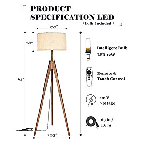 ELYONA Tripod Floor Lamp with Remote for Bedroom, Solid Ash Wood, Stepless Dimmer & Color Temperature LED Bulb Included, Mid Century Modern Touch Control Standing Light for Living Room, Brown