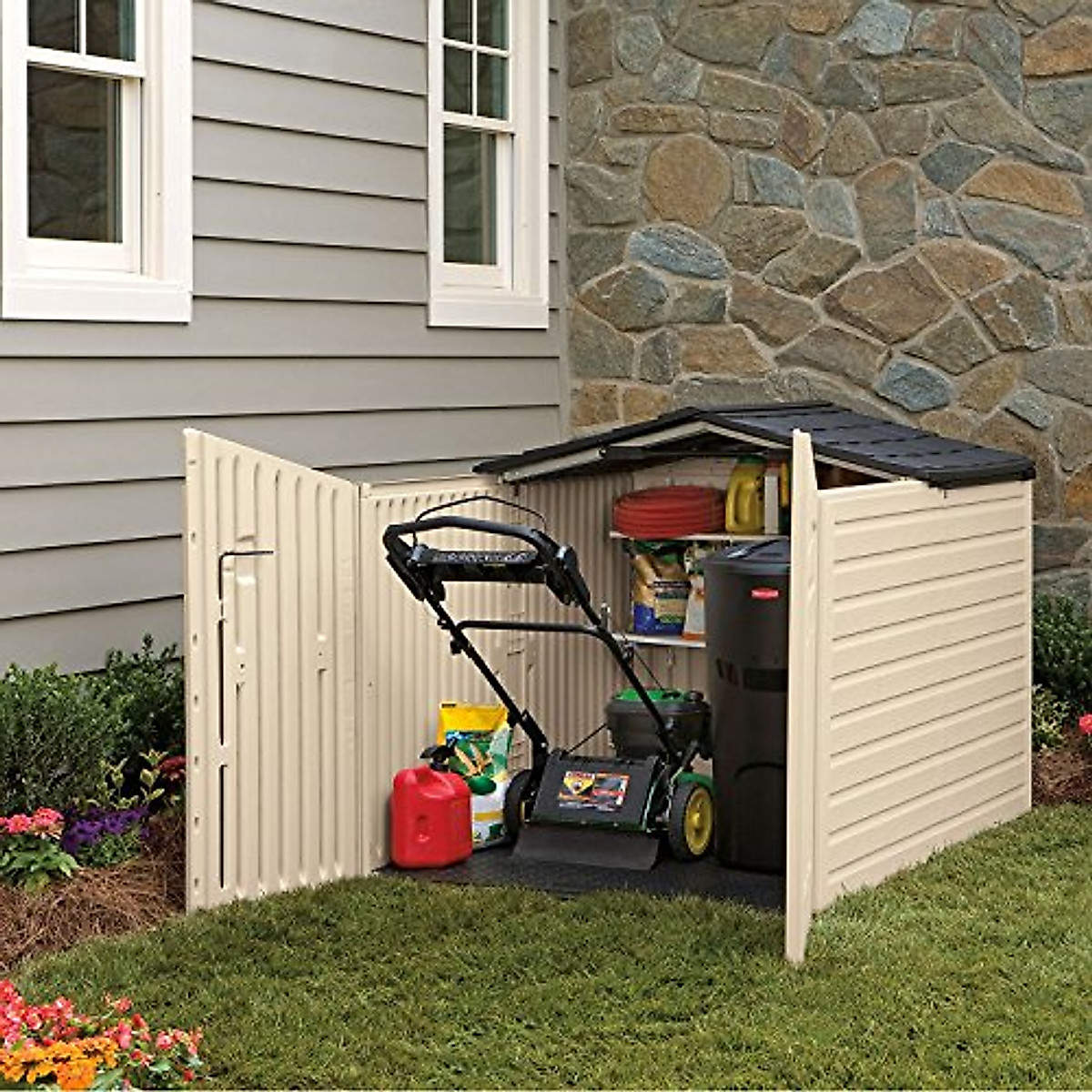 Rubbermaid Slide-Lid Resin Weather Resistant Outdoor Storage Shed, 6 x 3.75 feet, 96 cu. ft., Olive/Sandstone, for Garden/Backyard/Home/Pool