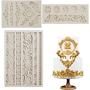 3 Pieces Baroque Fondant Molds Scroll Border Lace Silicone Molds Curlicues Gum Paste Candy Chocolate Molds for Cake Decorating Sugar Craft Polymer Clay