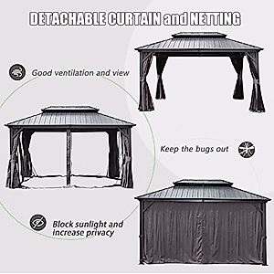 Domi Hardtop Gazebos 12x16FT, Aluminum Metal Gazebo with Galvanized Steel Double Roof Canopy, Curtain and Netting, Permanent Gazebo Pavilion for Patio, Backyard, Deck and Lawn, Grey